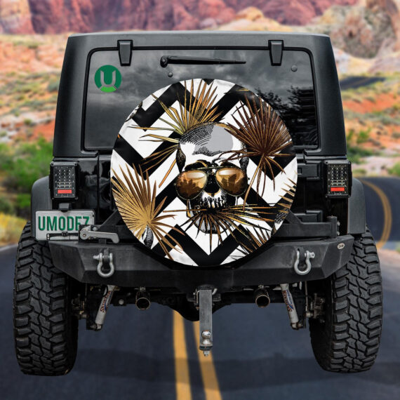Human Skull With Glasses And Gold Tropical Leaves Spare Tire Cover