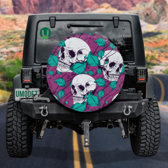 Human Skull With Flower On Pink Background Spare Tire Cover Jeep Tire