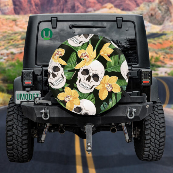 Human Skull Yellow Orchids And Tropical Leaves Spare Tire Cover Jeep
