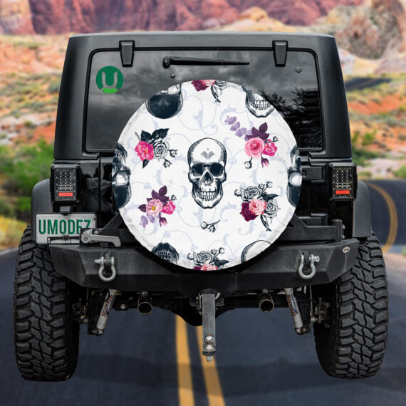Monochrome Human Skulls With Colored Wild Roses Spare Tire Cover Jeep