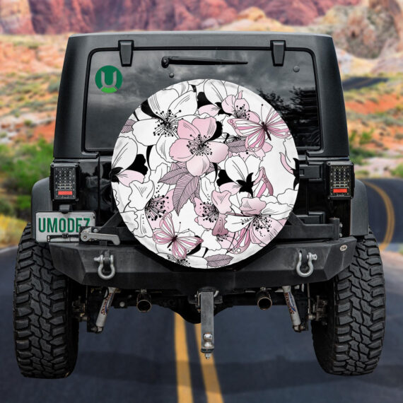 Hand Drawn Flowers Of Cherry And Butterflies Spare Tire Cover Jeep
