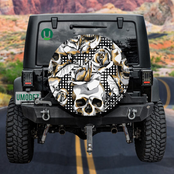 Gold Human Skull And Rose Flowers On Geometric Background Spare Tire
