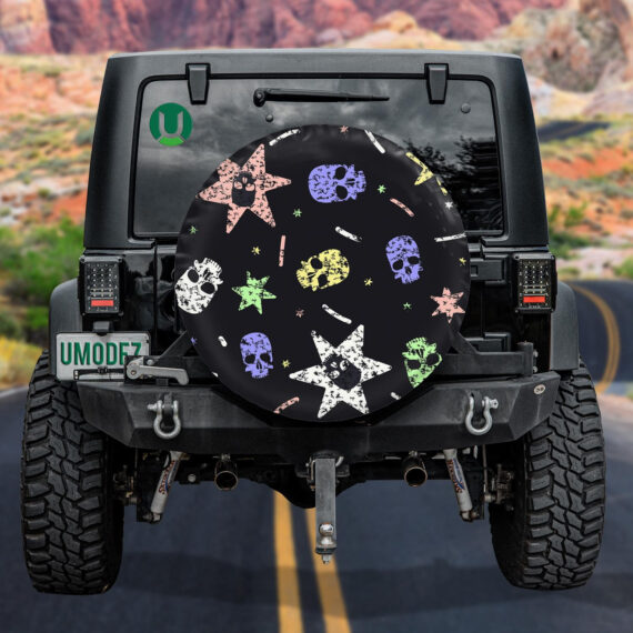 Colorful Human Skull With Start On Black Background Spare Tire Cover