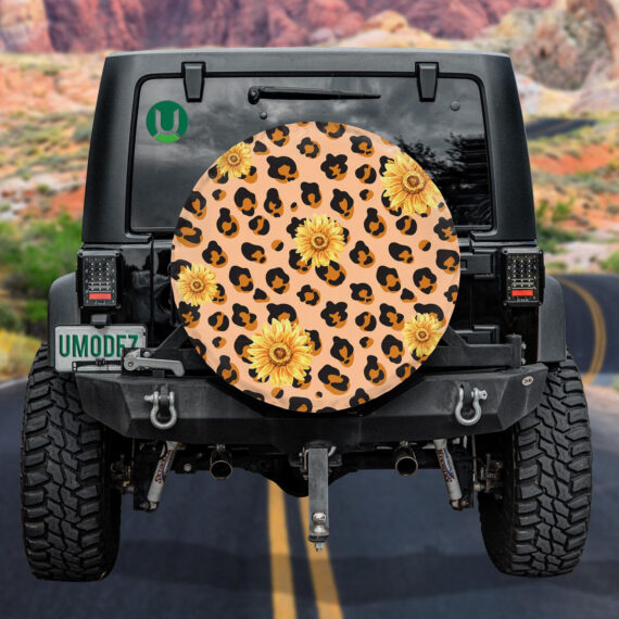 Pastel Colored Skin Of Leopard Spots And Sunflower Spare Tire Cover