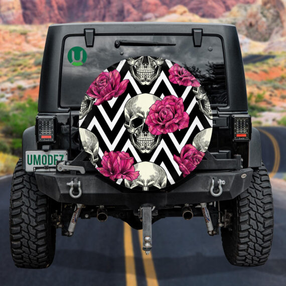 Human Skull And Pink Roses On Geometric Background Spare Tire Cover