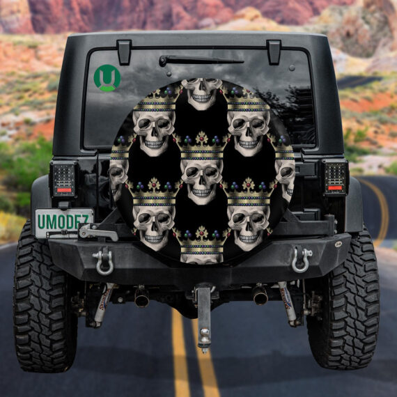 Smiling Human Skull In Crown On Black Background Spare Tire Cover