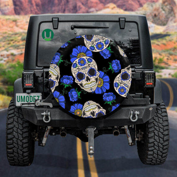 Sugar Skulls Mexican And Beautiful Blue Flowers Spare Tire Cover Jeep