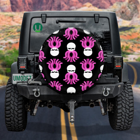 White Human Skull In Purple Octopus Spare Tire Cover Jeep Tire Covers