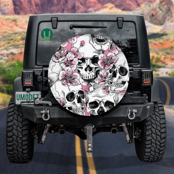 Human Skull With Flowers On Pink Background Spare Tire Cover Car