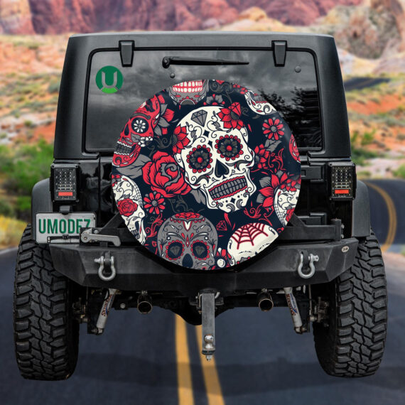 Day Of The Dead Sugar Skull Mexican With Red Flower Spare Tire Cover