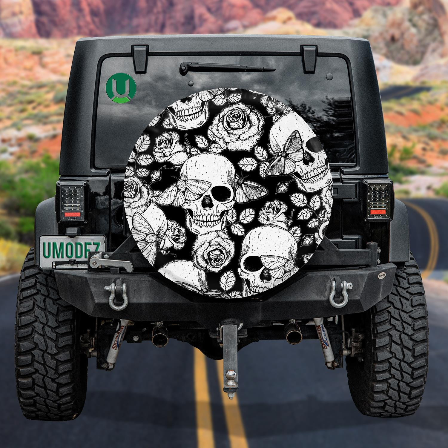Black And White Human Skull Butterfly Roses Leaves Spare Tire Cover Car