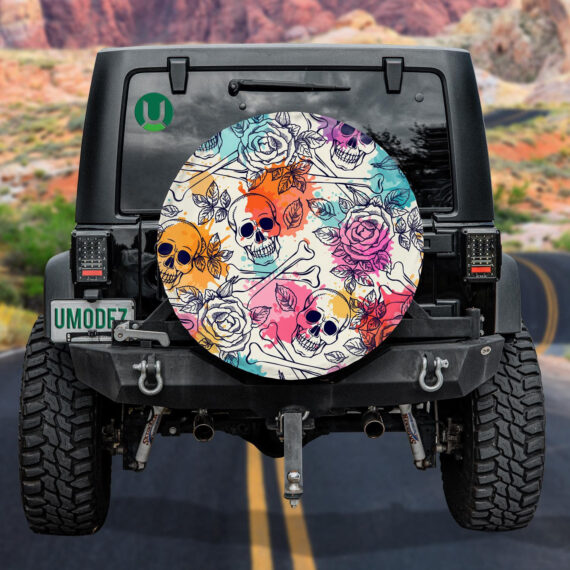 Human Skull With Rose And Leave On Colorful Background Spare Tire Cover